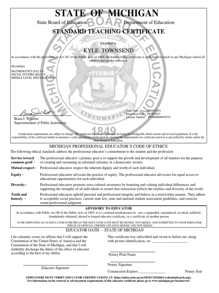 Michigan Teaching Certificate | PDF | Notary Public | Social Institutions