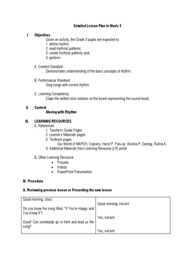 Detailed Lesson Plan in Music 3 I. Objectives | PDF | Rhythm | Lesson Plan