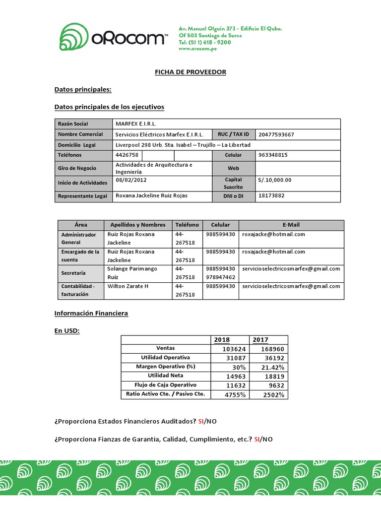 Ficha de Proveedor MARFEX E.I.R.L. | PDF | Bancos | Industrias de servicio