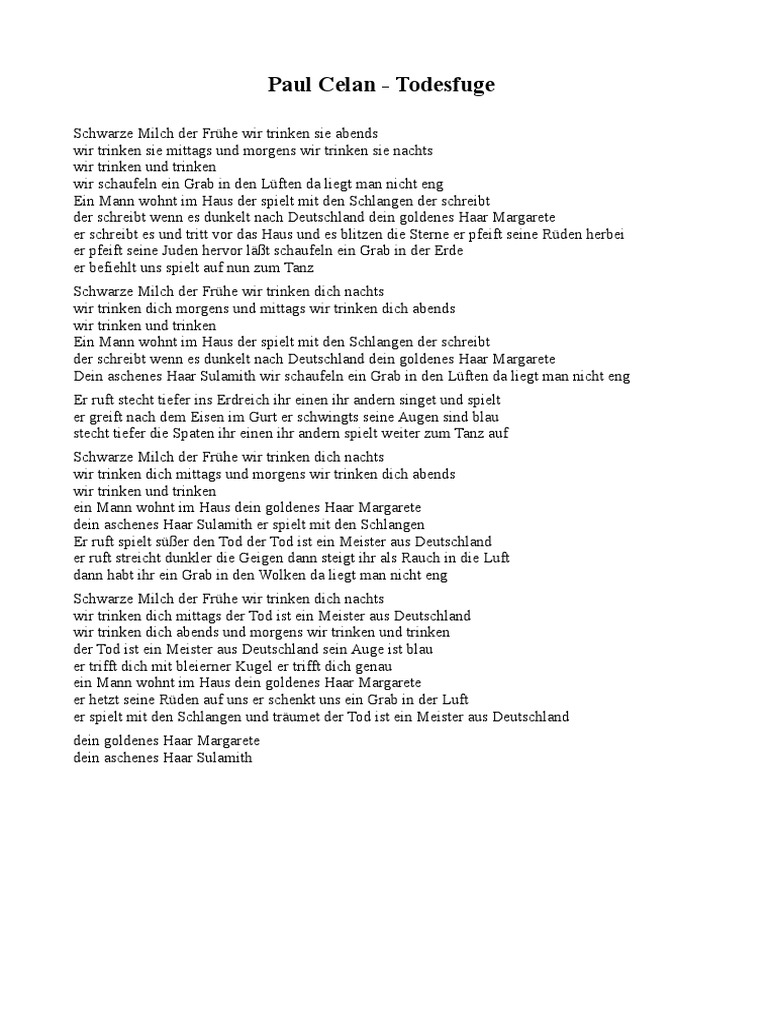 Todesfuge Fuga de La Muerte Paul Celan | PDF