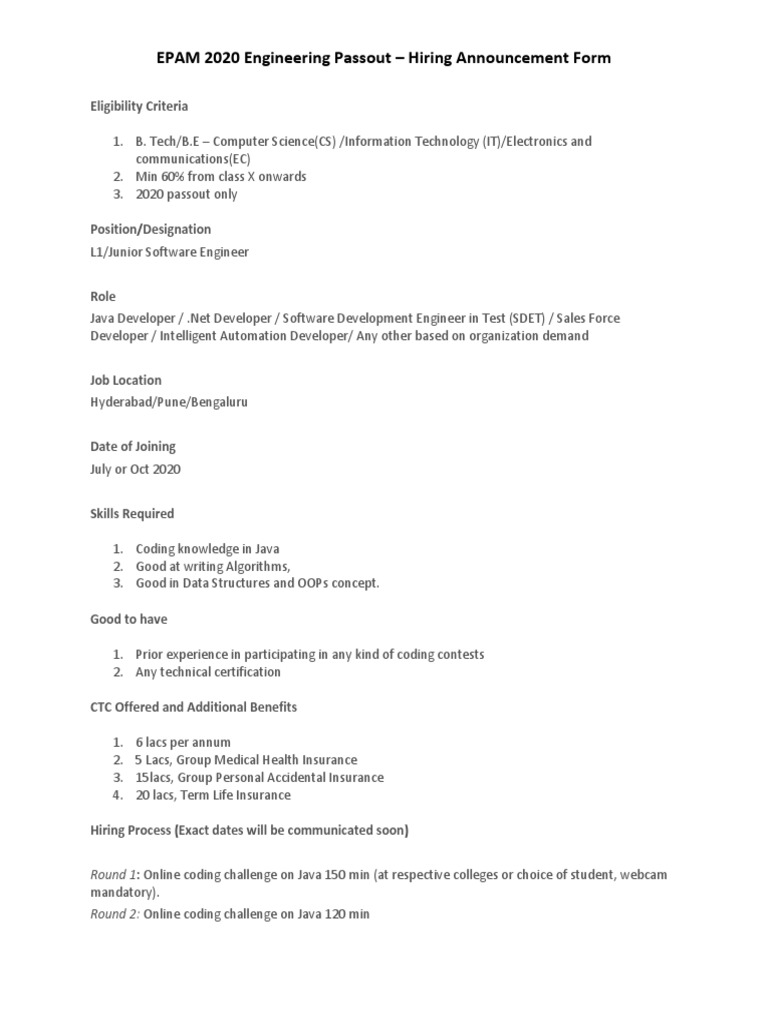 EPAM 2020 Engineering Passout - Hiring Announcement Form: Eligibility ...
