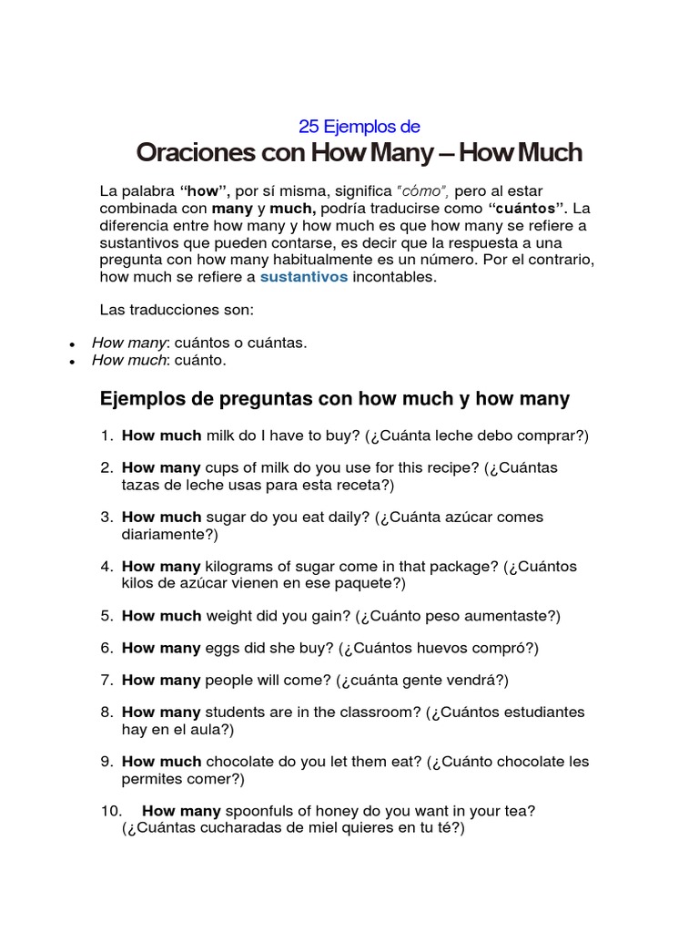 25 Ejemplos de How Much y Many | PDF