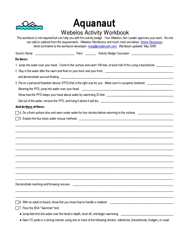 Aquanaut: Webelos Activity Workbook | PDF | Swimming (Sport) | Swimming