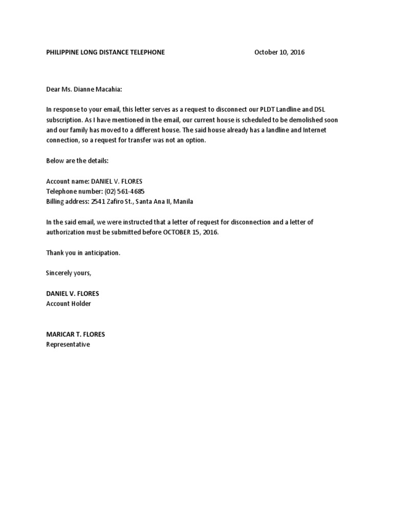 Request to disconnect PLDT landline and DSL subscription | PDF