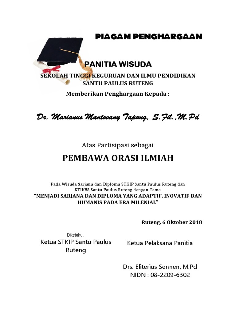 PIAGAM PENGHARGAAN UNTUK PEMBAWA ORASI ILMIAH WISUDA STKIP DAN STIKES ...