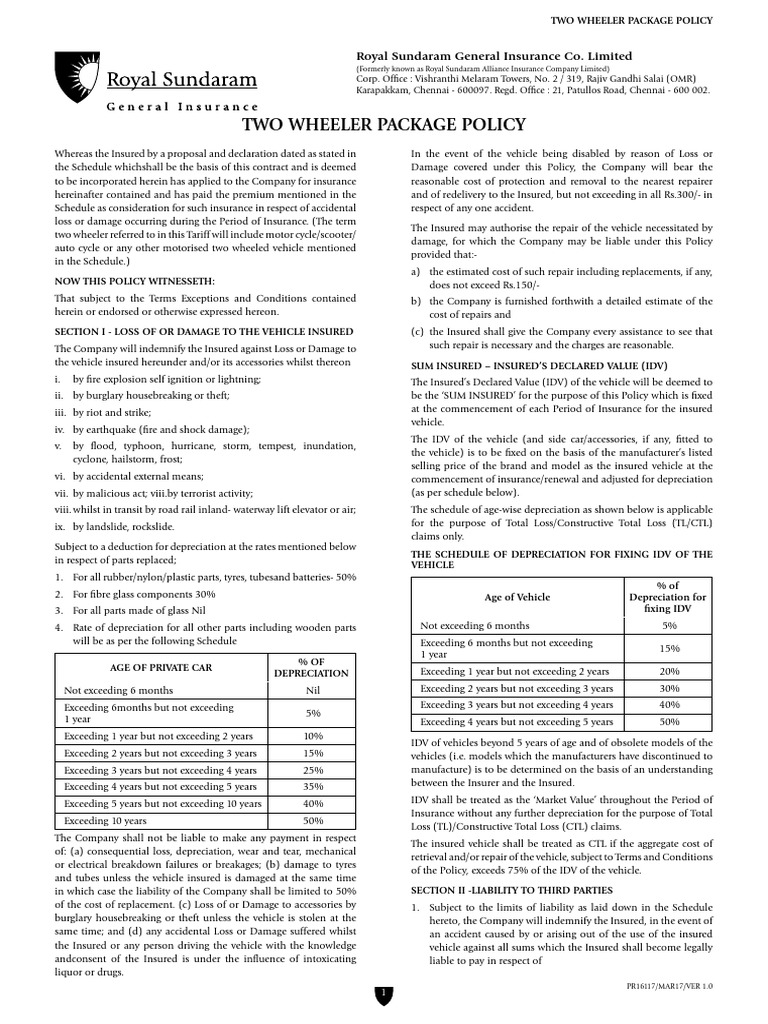 Two Wheeler Insurance Policy | PDF | Indemnity | Liability Insurance