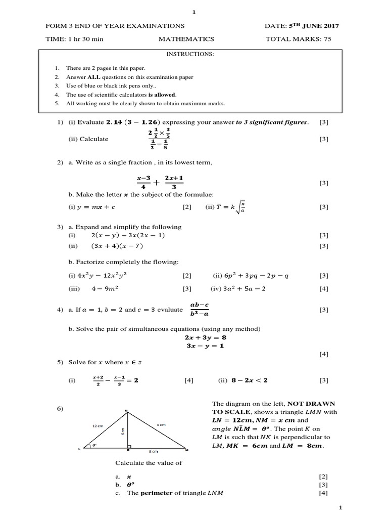 Form 3 Mathematics Revision Questions (CIC) | PDF | Area | Teaching ...