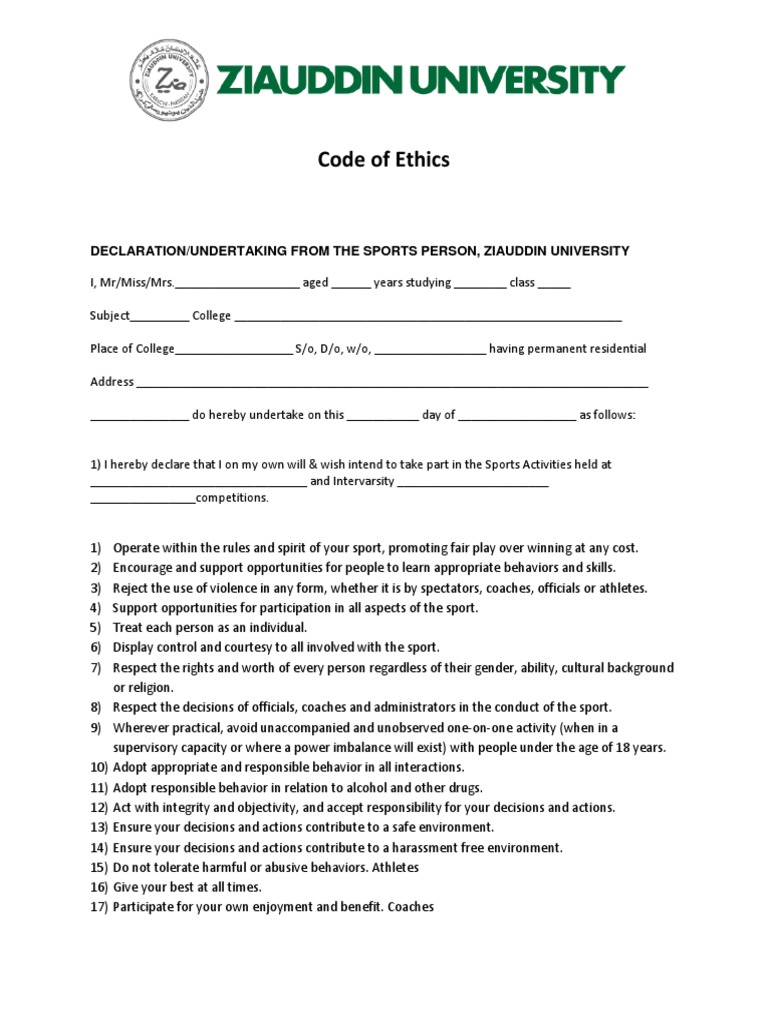 Code of Ethics: Declaration/Undertaking From The Sports Person ...