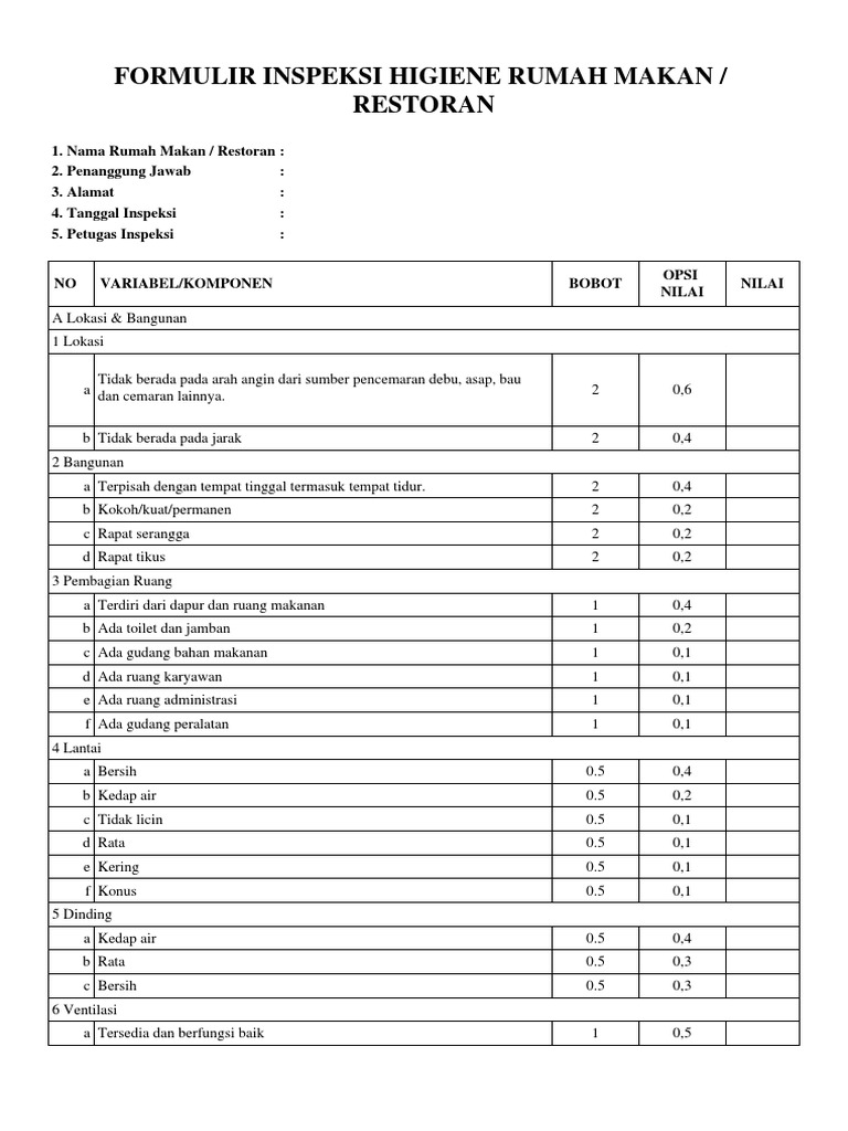 Formulir Inspeksi Restoran | PDF