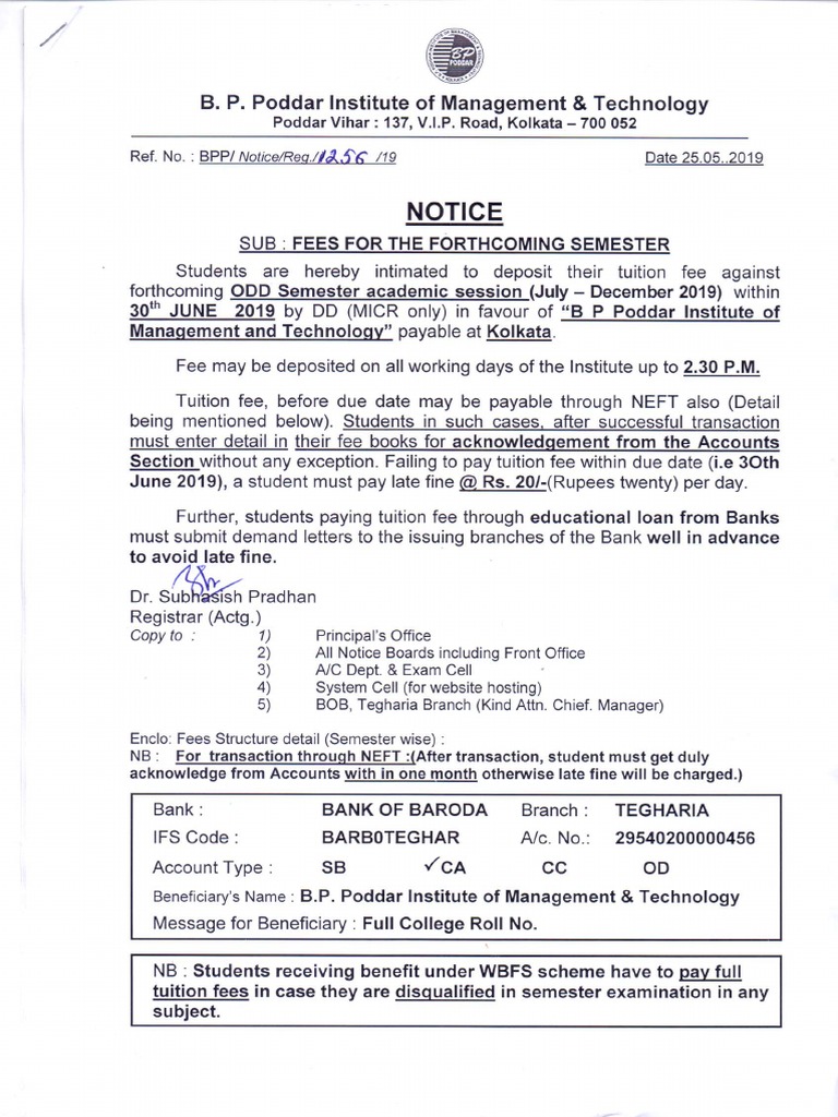Fee of Odd Semester of Bppimt Kolkata | PDF
