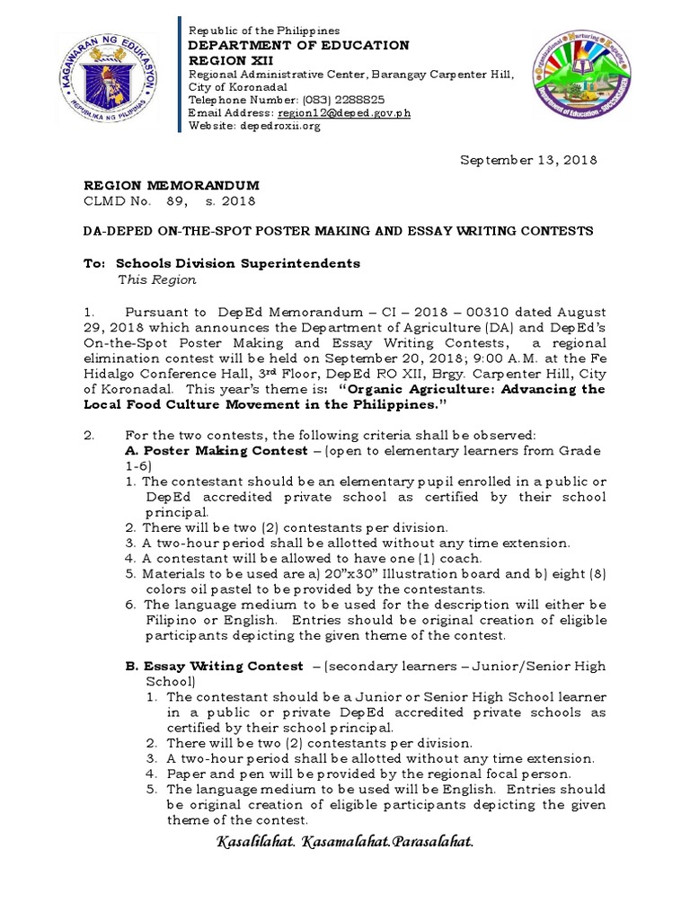 Region Memo CLMD 89 DA DepEd On The Spot Poster and Essay Writing ...