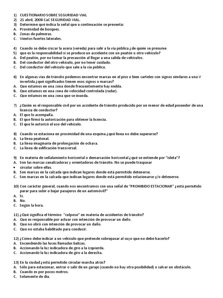 Cuestionario Sobre Seguridad Vial | PDF | Semáforo | Peatonal