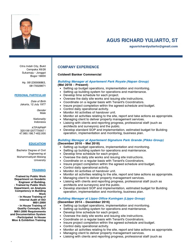 Resume and Experience Profile of Agus Richard Yuliarto | PDF ...