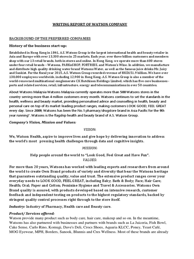 Writing Report of Watson Company: Company's Vision, Mission and Values ...
