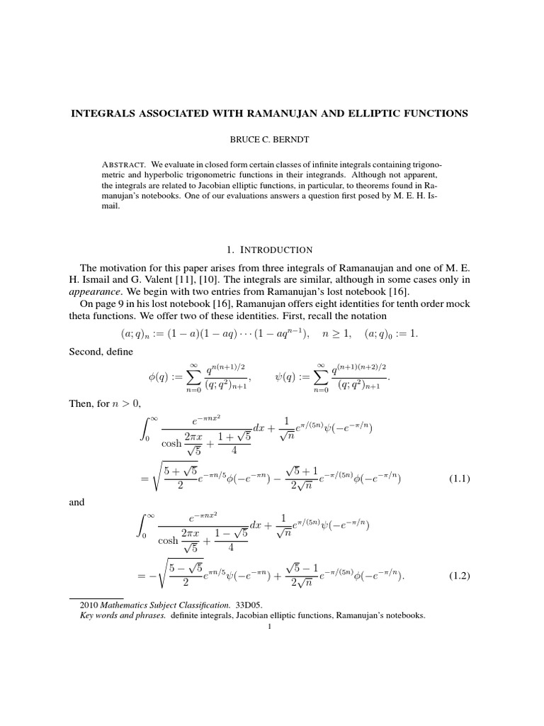 Integrals Associated With Ramanujan and Elliptic Functions | PDF | Integral | Trigonometric ...
