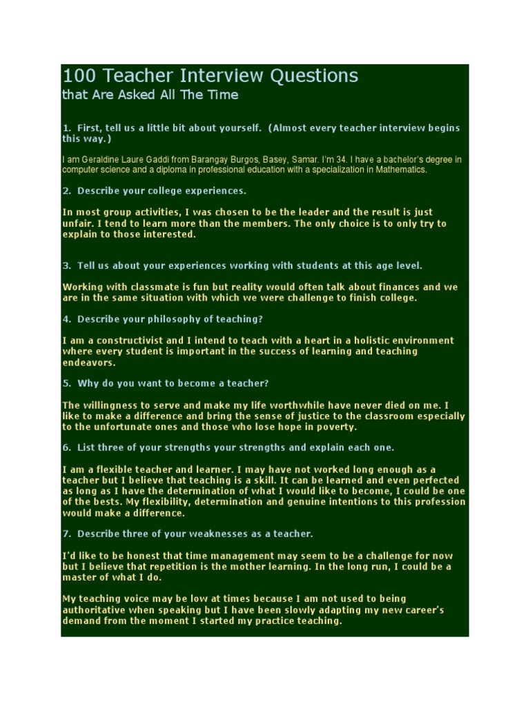 100 Teacher Interview Questions: That Are Asked All The Time | Download ... 100 Teacher Interview Questions: That Are Asked All The Time | Download ...