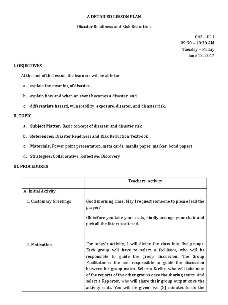 DRR Lesson Plan for G11 Students | PDF | Hazards | Vulnerability