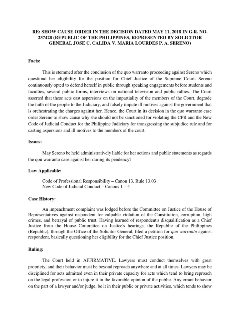 Re - Show Cause Order in RP vs. Sereno (2018) | PDF | Supreme Courts ...