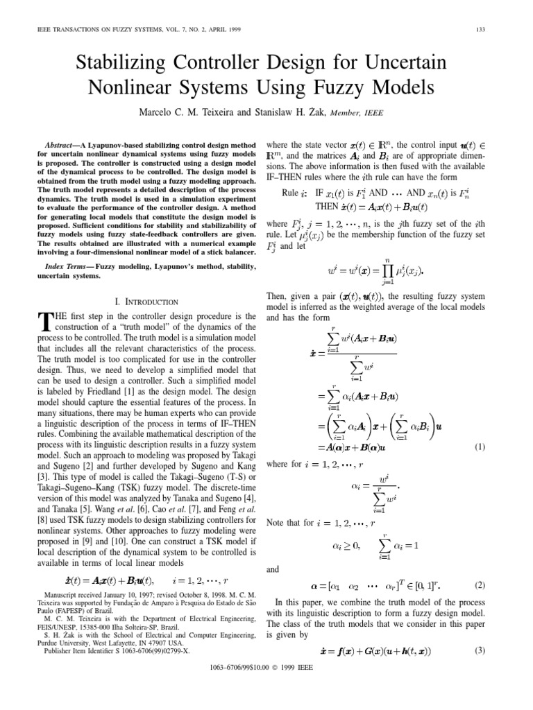 Stabilizing Controller Design for Uncertain Nonlinear Systems Using Fuzzy Models and Lyapunov ...