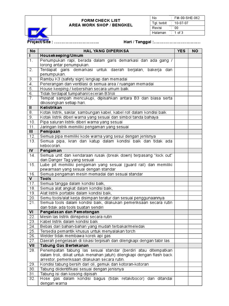 Form No FM-00-SHE-062 Inspeksi Workshop (Rev 0) | PDF