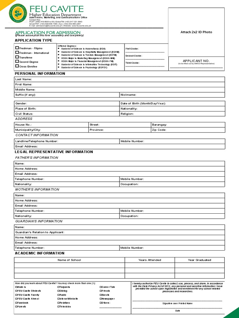 Feu Cavite College Admission Form | PDF | Bachelor's Degree | Computing