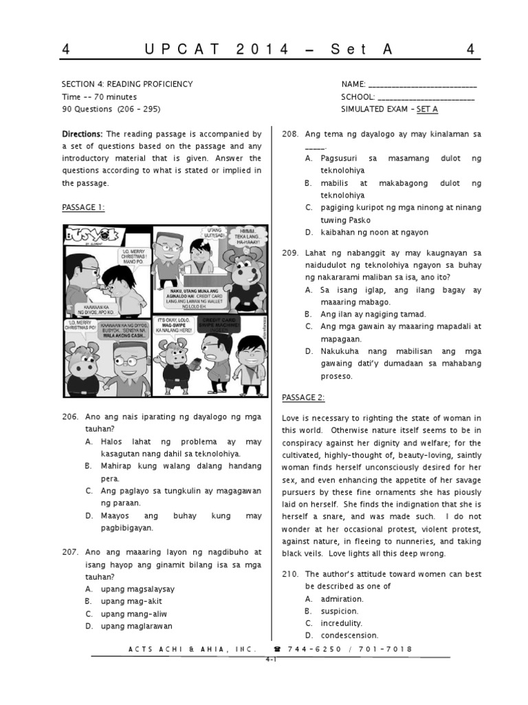 Upcat 2014 - Simulated Exam - Set A - Section 4 - Reading Comprehension ...