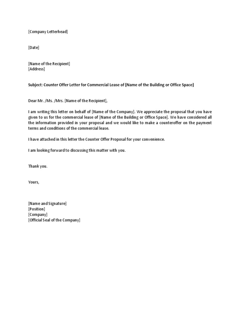 Counter Offer Letter for Commercial Lease | PDF