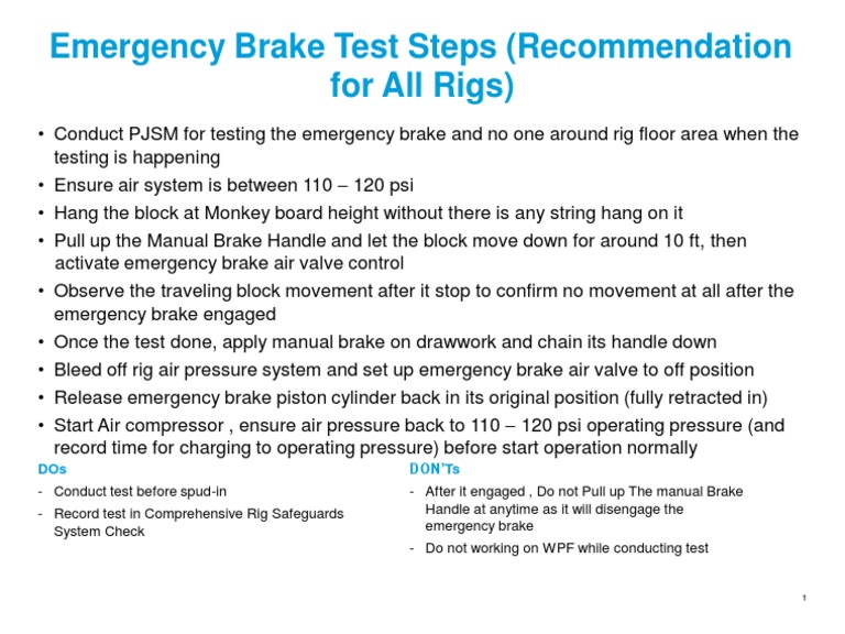 Emergency Brake Test Steps (Recommendation For All Rigs) : Dos Don'Ts | PDF