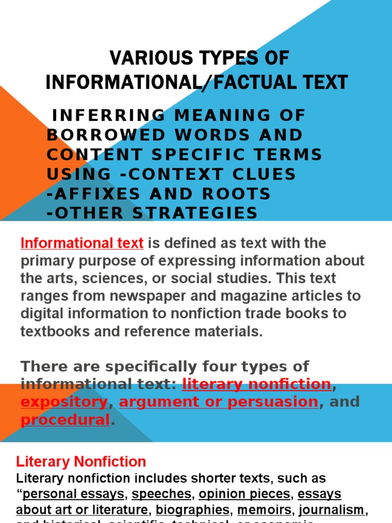 Types of Informational Texts | PDF | Non Fiction | Creative Nonfiction