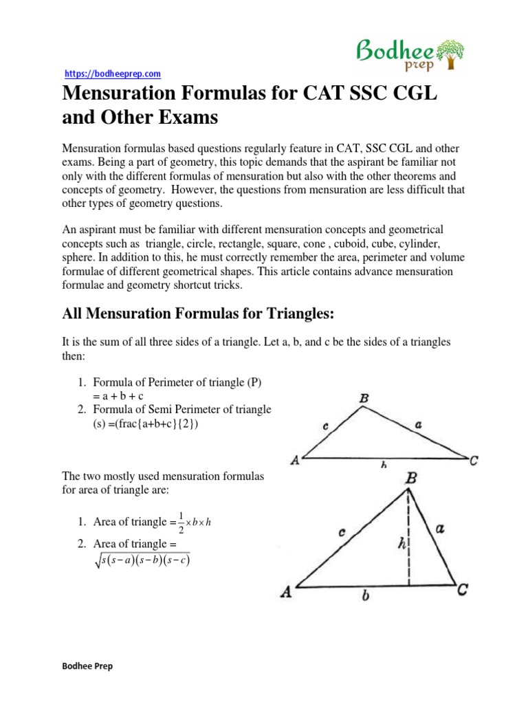 Mensuration Formulas For CAT SSC CGL and Other Exams Edited | PDF ...