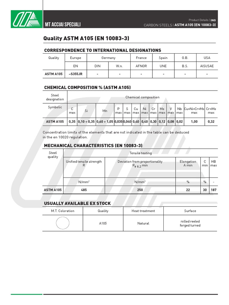 MT Acciai Speciali: Quality ASTM A105 (EN 10083-3) | PDF