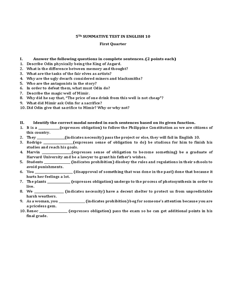 5Th SUMMATIVE TEST IN ENGLISH 10 | PDF