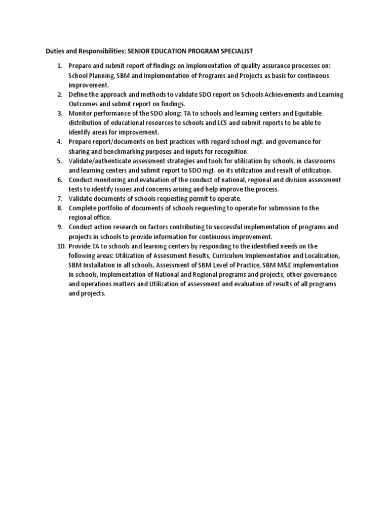 Senior Education Program Specialist Duties | PDF | Business
