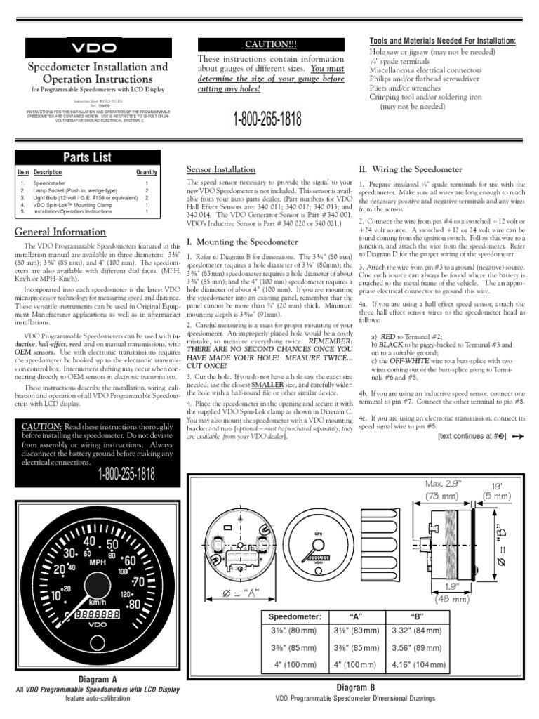 Parts List: Speedometer Installation and Operation Instructions | PDF ...