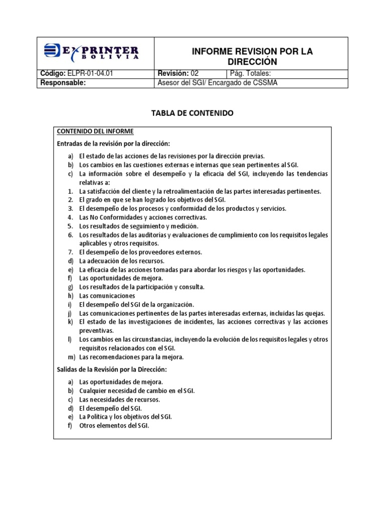 Informe de Revision Por La Direccion 2018 | PDF | Calidad (comercial ...
