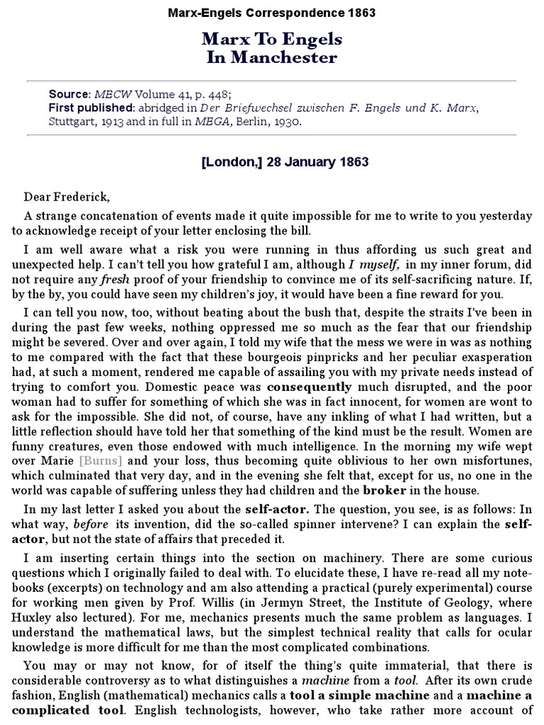Letters: Marx-Engels Correspondence 1863 | PDF | Mechanization | Machines