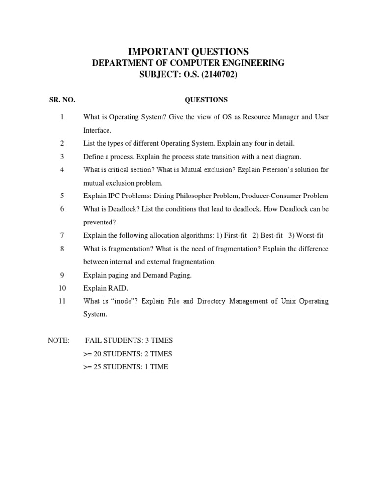 Important Questions: Department of Computer Engineering SUBJECT: O.S ...