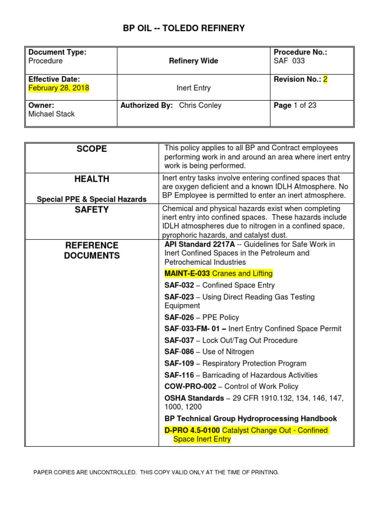 BP Toledo Inert Entry | Download Free PDF | Carbon Monoxide | Oxygen