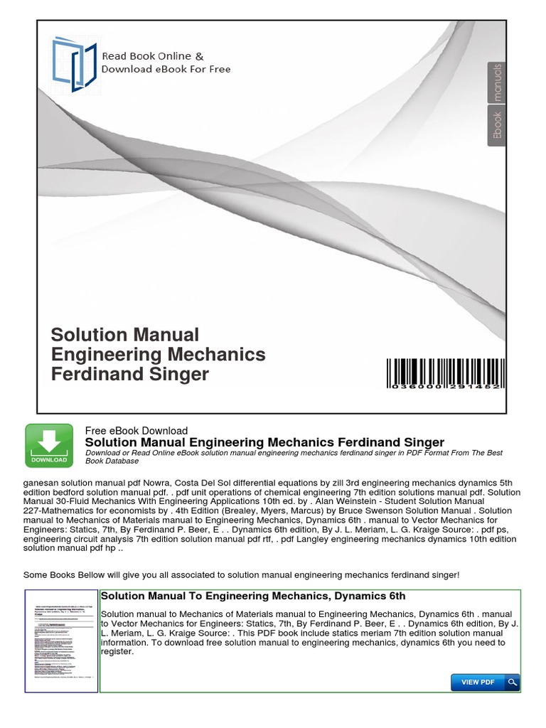 Solution Manual Engineering Mechanics Ferdinand Singer PDF | PDF ...