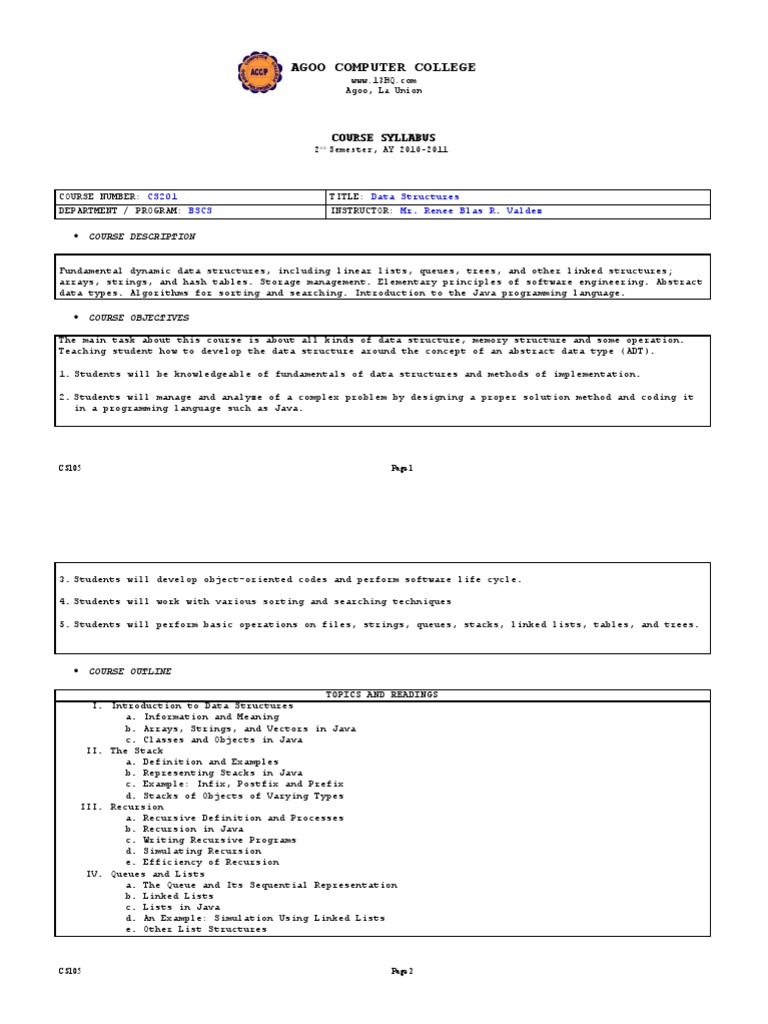 Agoo Computer College: Course Syllabus | PDF | Data Structure | Queue ...