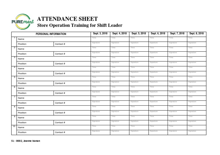 Attendance Sheet: Store Operation Training For Shift Leader | PDF