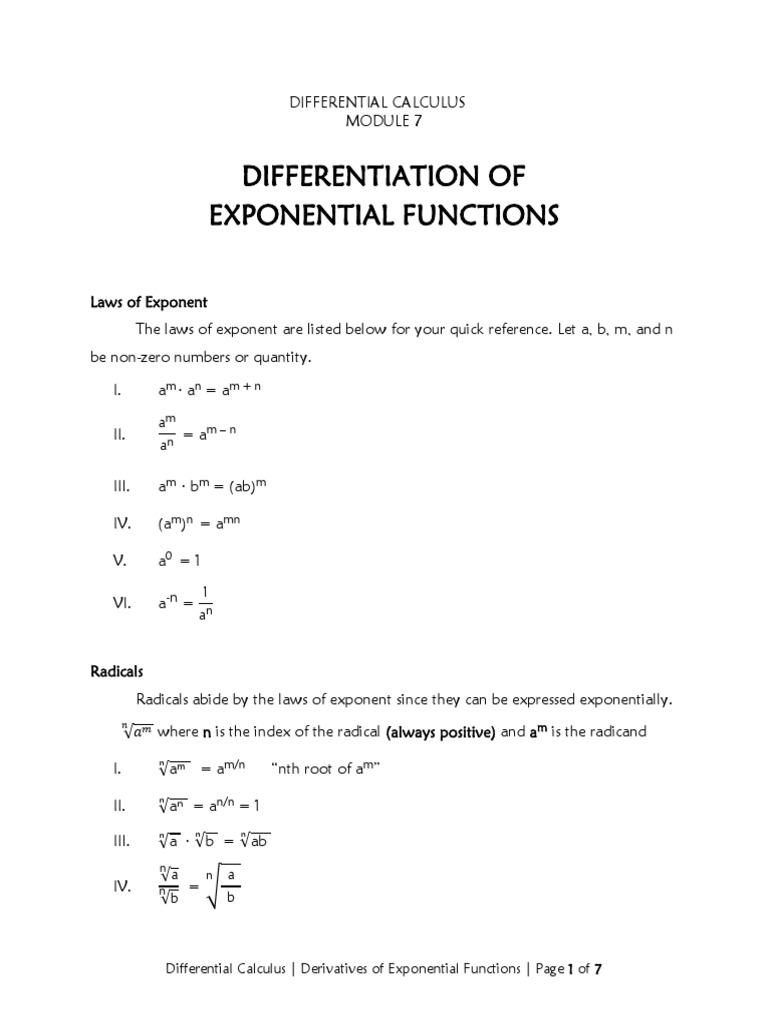 Module 7 - Derivatives of Expo Functions | PDF | Derivative | Subtraction