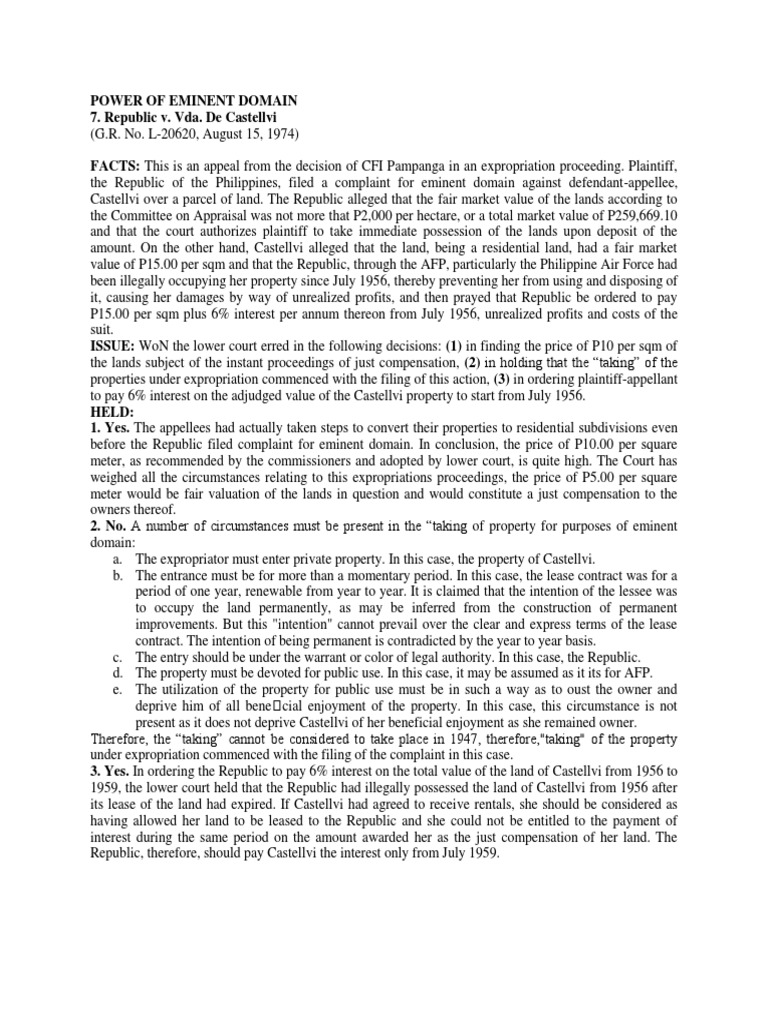 Power of Eminent Domain - 7. Republic v. Vda. de Castellvi | PDF ...