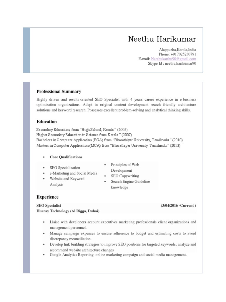 Neethu Harikumar - Resume | PDF | Search Engine Marketing | Search Engine Optimization