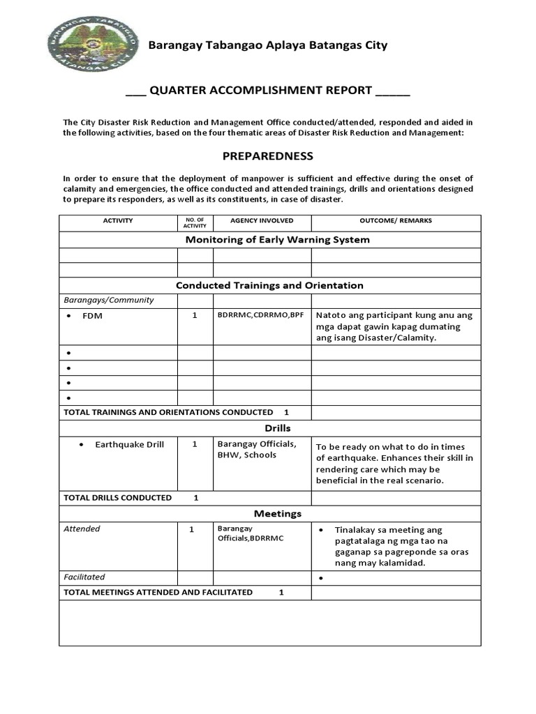 Accomplishment Report Format For Barangay | PDF | Emergency Management ...