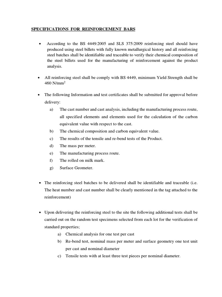 Specifications For Reinforcement Bars | PDF