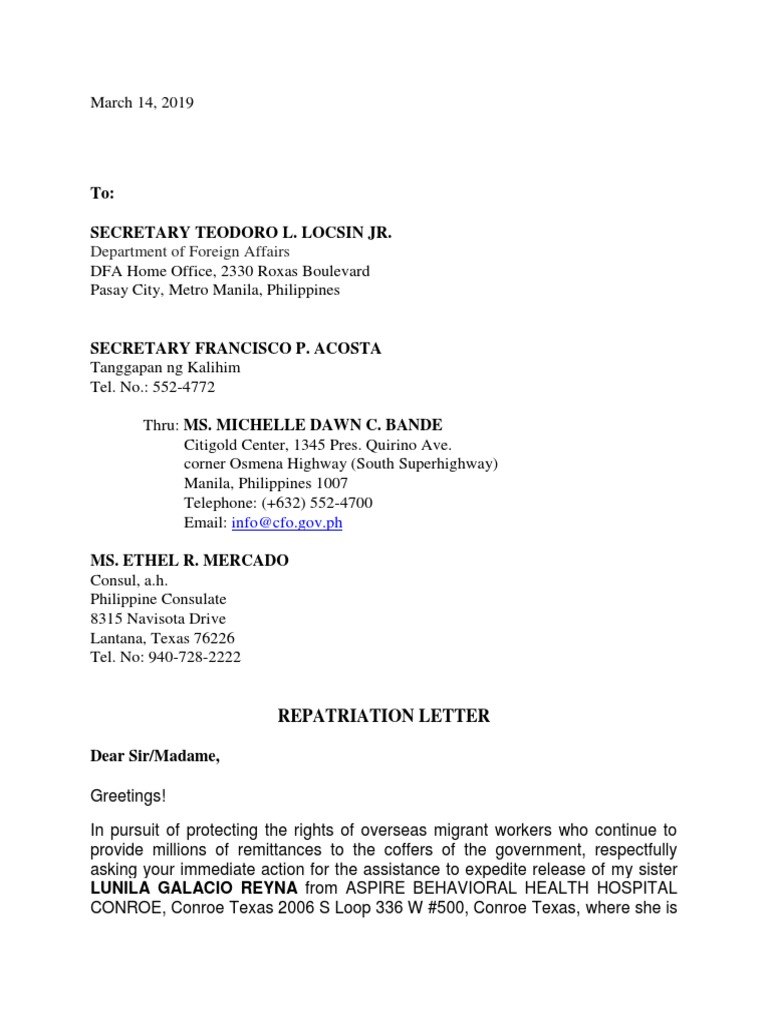 Urgent Repatriation Request for Seafarer | PDF | Philippines