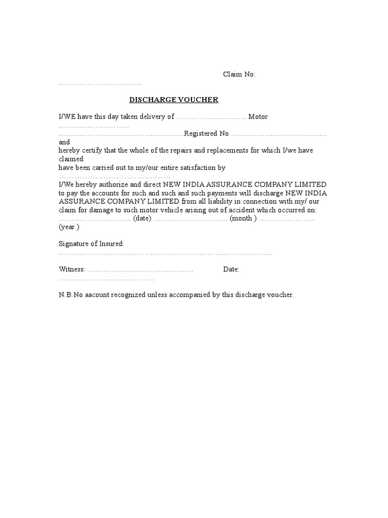 NEW INDIA-discharge Voucher | PDF
