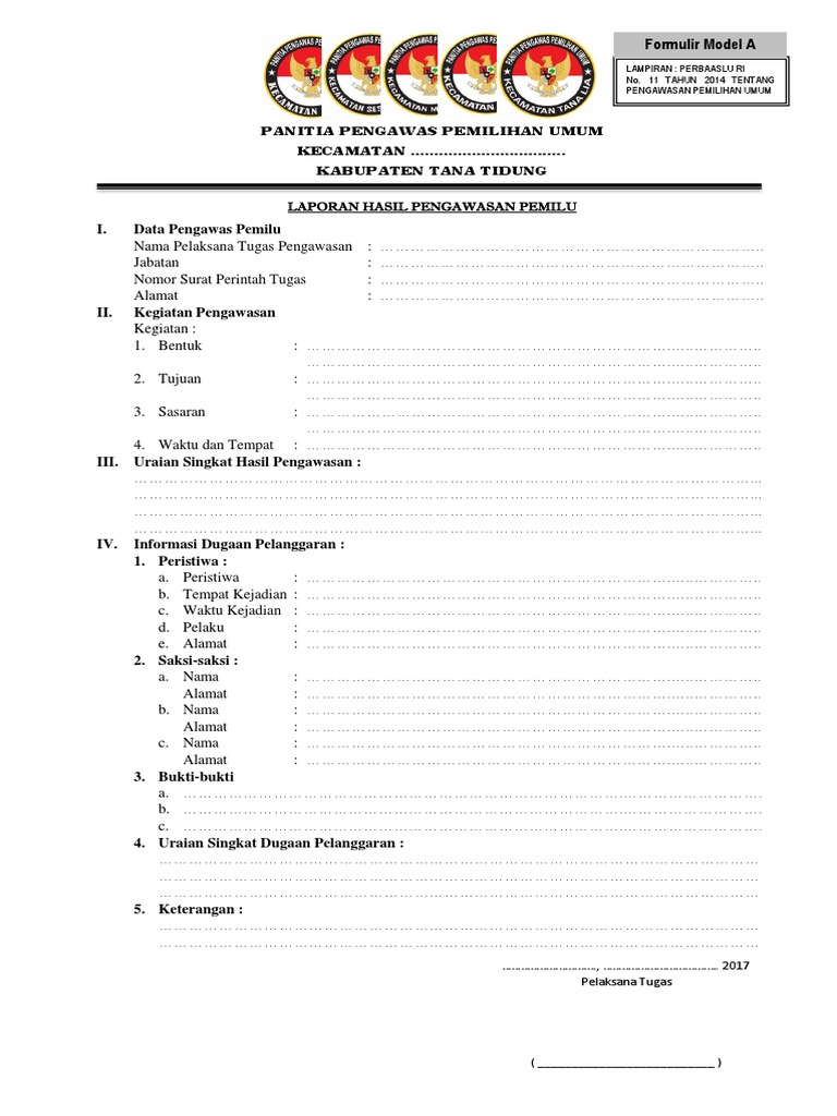 Laporan Hasil Pengawasan Pemilu: Formulir Model A | PDF