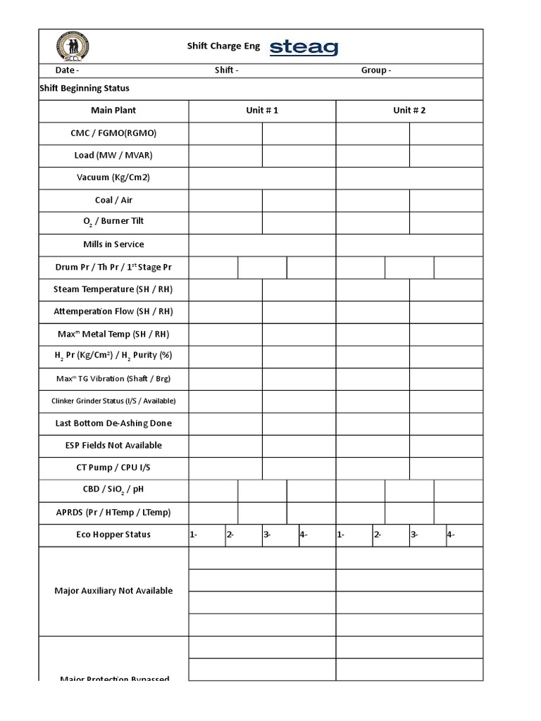 Shift Charge Engineer's Log Book: Shift Beginning Status Main Plant ...
